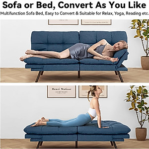 Sunny Heart 71" Futon Sofa Bed Memory Foam Linen Fabric Couch Bed, Convertible Modern Loveseat Sleeper with Adjustable Backrests and Armrests for Living Room, Office, Apartment,Blue