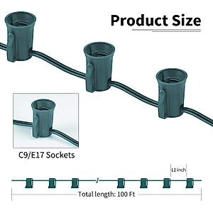 C9 Light Strand Set 200 FT for E17 Socket -12" Spacing, Outdoor String Light Christmas Stringer with 100 Sockets 2Pack (Total 200 FT) for Patio-Green Wire