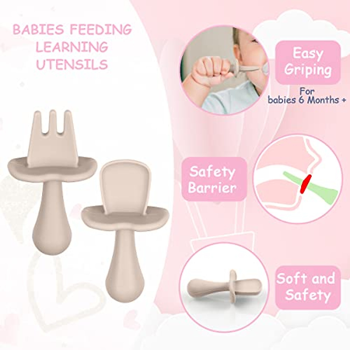 Vicloon Silicone Baby Spoons and Fork Feeding Set, 4 PCS Silicone Baby Spoons Self Feeding 6+ Months, Silicone Baby Spoons, Baby Utensils & Baby Feeding Supplies Infant First Stage(Flesh&Orange)