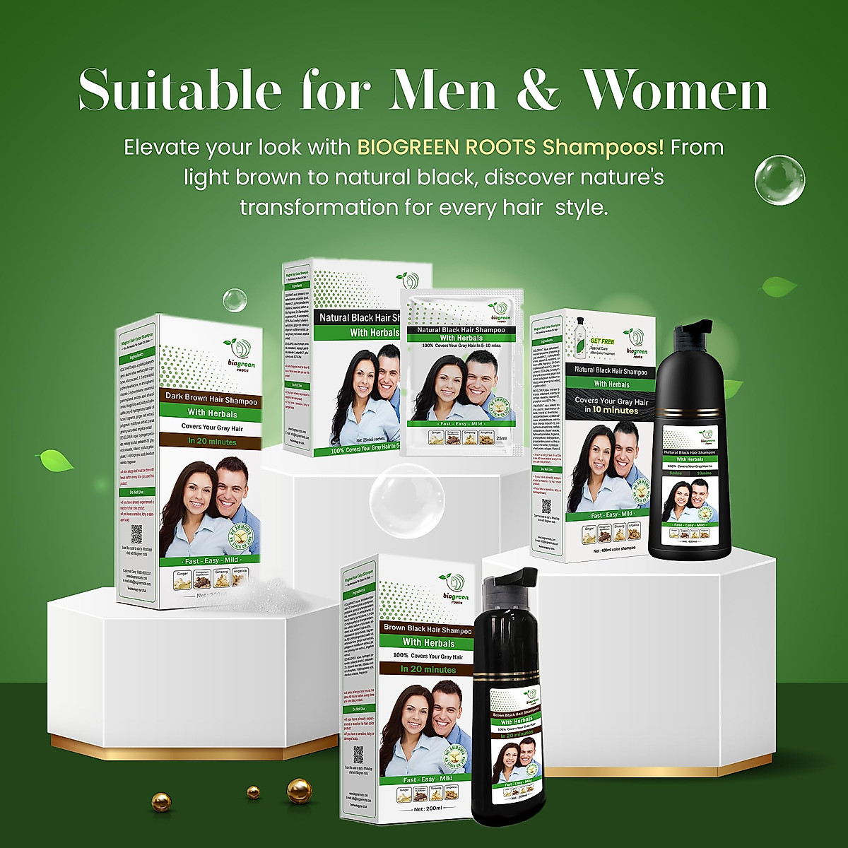 BIOGREEN ROOTS Ammonia-Free Herbal Hair Shampoo - Effectively Covers Gray Hair for Men and Women - Natural Color and Herbal Nourishment - No Stain on Skin - Natural Black (10 sachets x 25 ml)