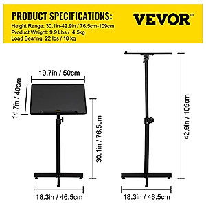 VEVOR Lectern Podium Stand, Height Adjustable Laptop Table, Portable Presentation Standing for Classroom, Office, Church, Tilting Desktop with Edge Stopper, Black