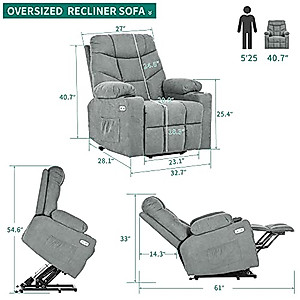 YITAHOME Electric Power Lift Recliner Chair for Elderly, Fabric Recliner Chair with Massage and Heat, Spacious Seat, USB Ports, Cup Holders, Side Pockets, Remote Control (Grey)