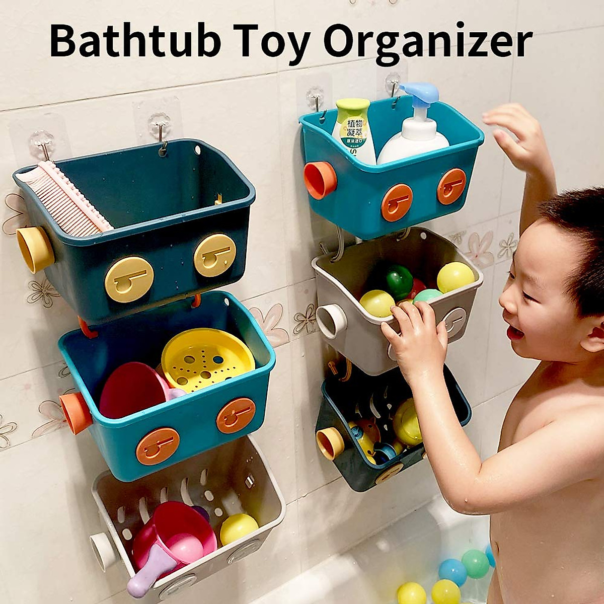 Santouxiang 6-Piece Multicolor Plastic Bath Toy Storage Basket, Wall Mounted Kids Hanging Shower Caddy with Hooks for Shampoo, Bathtub Toys, Kids Bathroom