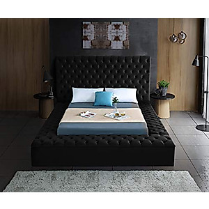 Meridian Furniture Bliss Collection Modern | Contemporary Velvet Upholstered Bed with Deep Button Tufting and Storage Compartments in Rails and Footboard, Black, King