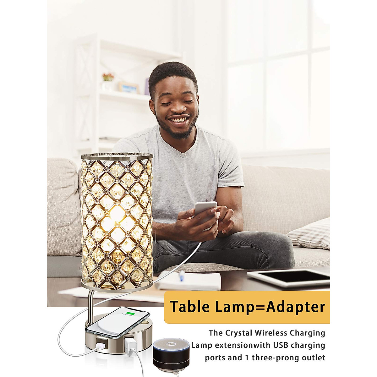 Touch Control Crystal Table Lamp, 3 Way Dimmable Wireless Charging Table Lamp, USB Bedside Light with Crystal Shade, Modern Nightstand Lamps for Bedroom Living Room (Bulb Included) (Silver)