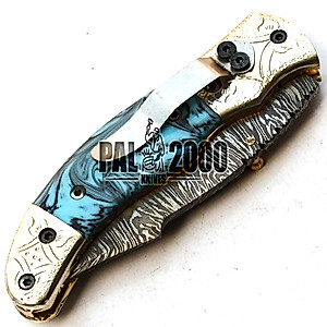 POC-9776 Folding Damascus Steel Hunting Knife with Pocket Clip Sheath