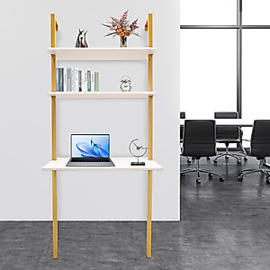 AOOCHU Wall Mounted Desk Computer Writing Table Wall Mount Ladder Small Computer Desktop 3Tier Computer Desk Storage Desk Cabinet with Power Strip for Home Office Student Dormitories (Gold, White)