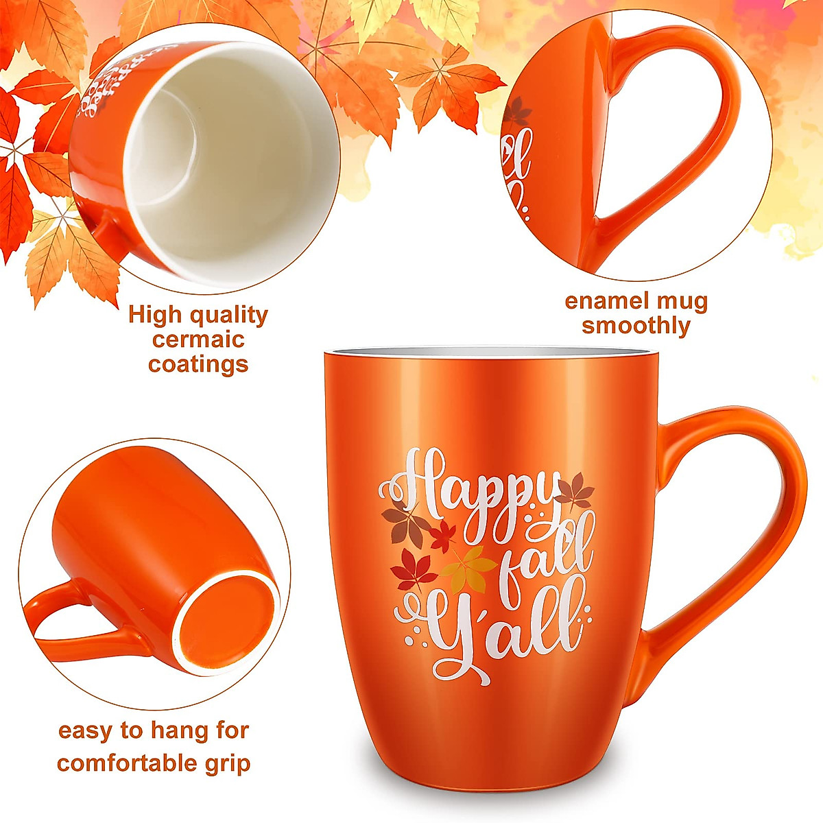 Funtery 2 Pcs Fall Autumn Coffee Mugs Pumpkins Mugs Cups Happy Fall Y'all Coffee Mug Good Morning Pumpkin Cup Camp Mug Campfire Mug Thanksgiving Ceramic Cup for Home Women Men Mom Dad (Orange)