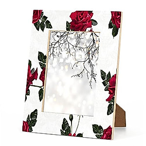 POFATO Red Rose Art Pattern 5x7 Picture Frame Wood Photo Frame for Tabletop Display Wall Mount Picture Frame Display 5 x 7 Inch Photo Wall Decor Home Gift Frames