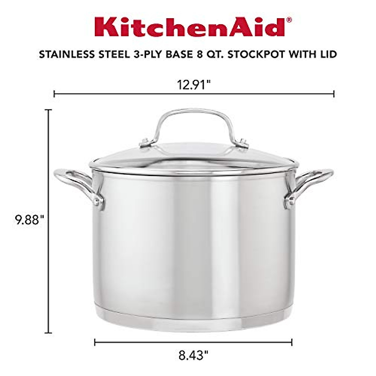KitchenAid 3-Ply Base Brushed Stainless Steel Stock Pot/Stockpot with Lid, 8 Quart