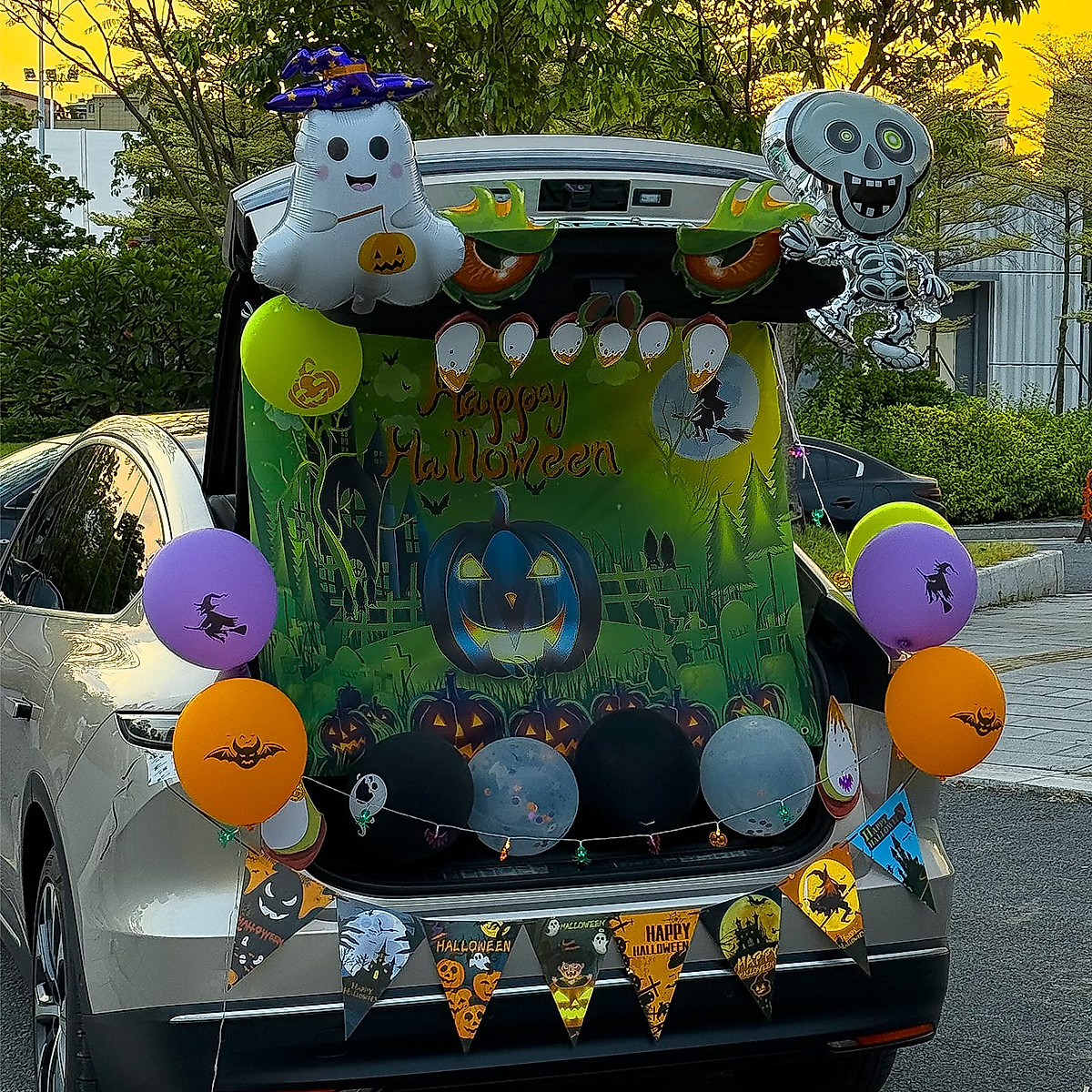 Vlipoeasn Halloween Trunk or Treat Car Decorations, Halloween Cute Scary Monsters PVC Stickers, Happy Halloween Pumpkin Banner, Balloons, Green Halloween Decor for Car Garage Door Entryway Archway