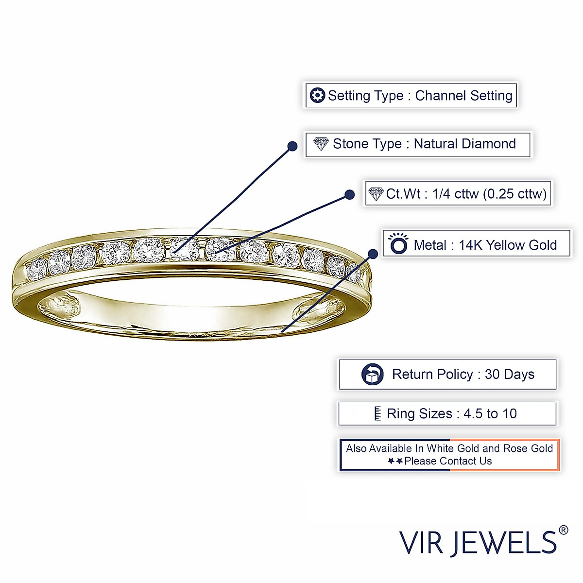 Vir Jewels 1/4 carat (ctw) Diamond Wedding Anniversary Band for Women, Half Eternity Round Diamond Engagement Ring 14K Yellow Gold Channel Set 0.25 cttw, Size 6