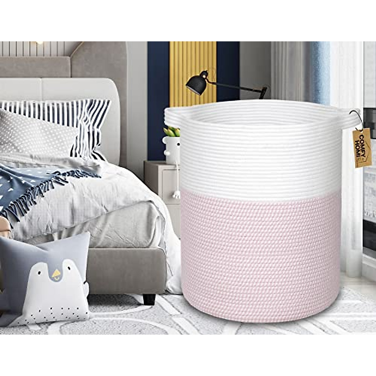 COMFY-HOMI XXL Blanket Basket 18”x16”|Cotton Rope Laundry Basket|Woven Basket for Storage|Gift Basket Empty for Newborn or Infant Gift for Boy Girl, Toy basket for blanket, cloth, towel-White/Pink