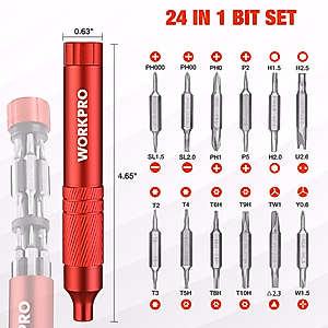 WORKPRO 24-in-1 Precision Screwdriver Sets, Pen Style Manual Screwdriver, 24 pcs Tough S2 Steel Small Screwdriver Bits, Ideal for Eyeglass, Watch, Laptop, Phone, Jewelry and Electronic, Red