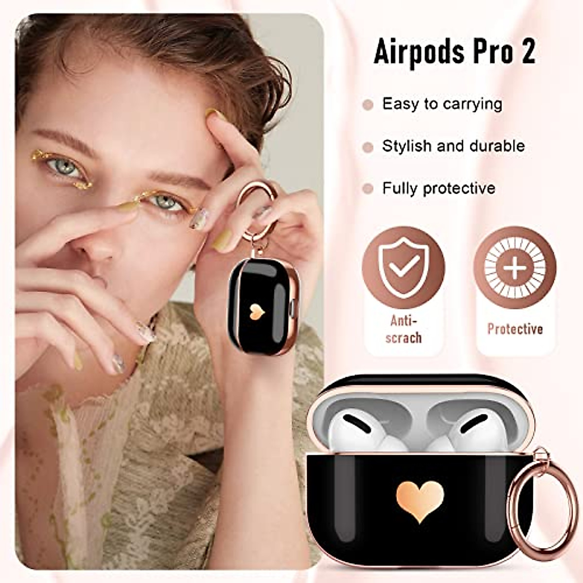 Maxjoy Airpods Pro 2 Case Cover,Cute Electroplating with Gold Heart Pattern with Lanyard Shockproof Cover for Girls Woman Airpods Pro 2 Generation Case-Black