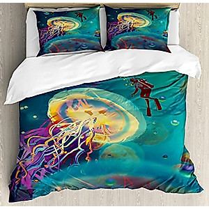 Ambesonne Fantasy Duvet Cover Sets, Giant Jellyfish and Diver in The Sea Underwater Submarine Aquatic Art Print, Bedding Set with 2 Duvet Covers 4 Pillowcases, 2 Pack Cal King Size, Teal Purple