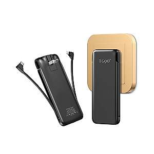 TG90° 10000mah Portable Charger with Built in Cables and AC Wall Plug, All in One Portable Phone Charger External Battery Packs Compatible with iPhone and Android Phones