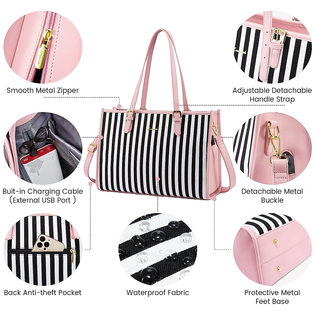 LOVEVOOK Women's Tote Bag - Large Capacity Handbag, Business Briefcase Travel Bag - 2 Pcs Set for 15.6-inch Laptop, Pink-Stripe
