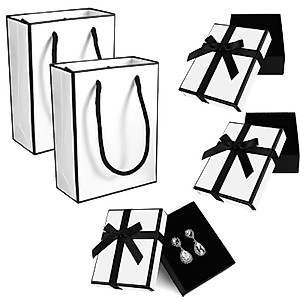 Tucnoeu 2Pcs White Small Gift Box and 2Pcs Small Gift Bag with Black Ribbons,Jewellery Gift Box for Bracelets, Earrings, Rings, Bangles, Jewelry(3.5x2.7x1.2in)