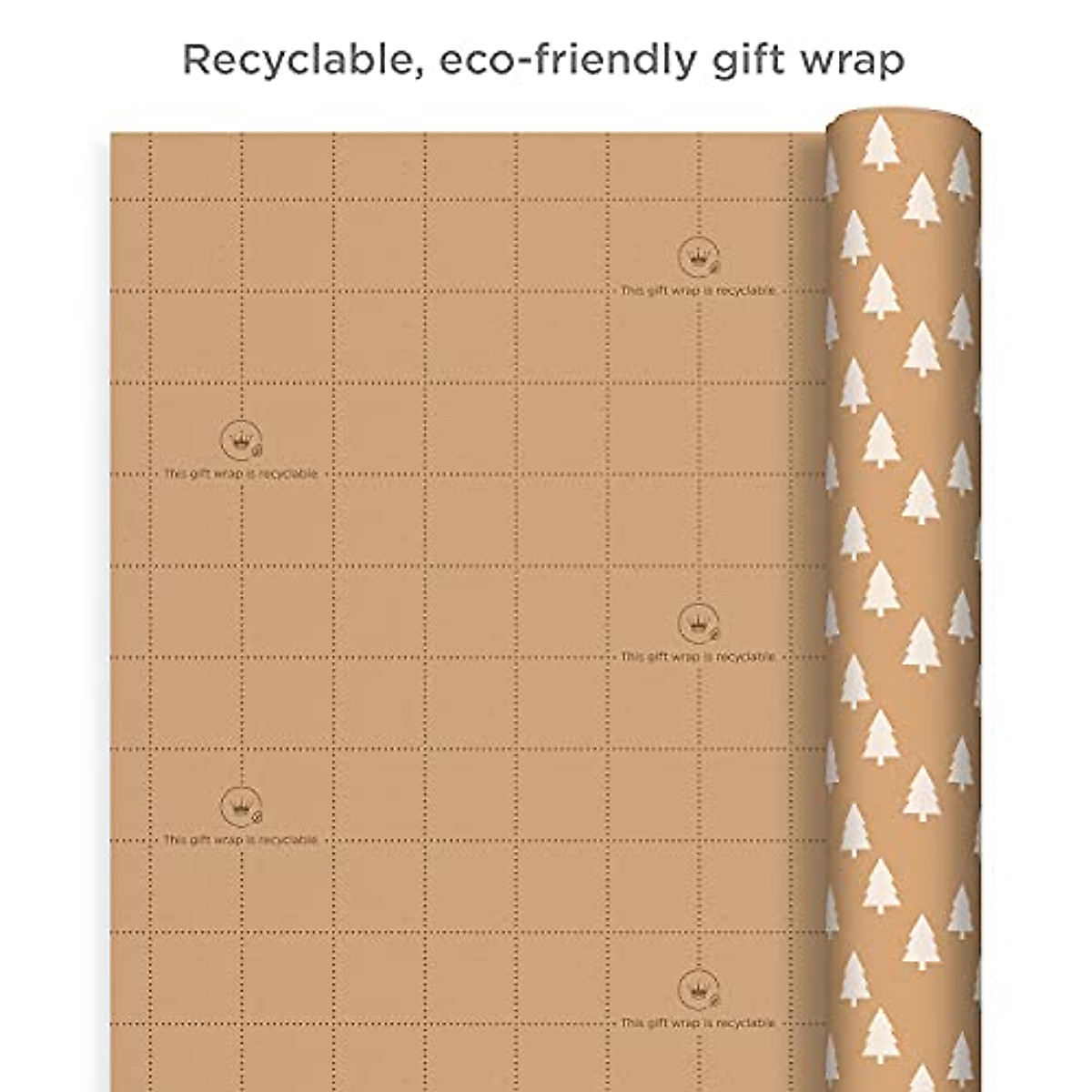 Hallmark Recyclable Kraft Wrapping Paper with Cut Lines (3 Rolls: 90 Sq. Ft. Ttl.) Minimalist Christmas, White Trees, Deer Antlers, Snowflakes on Brown Kraft for Holidays, Weddings, Winter Solstice