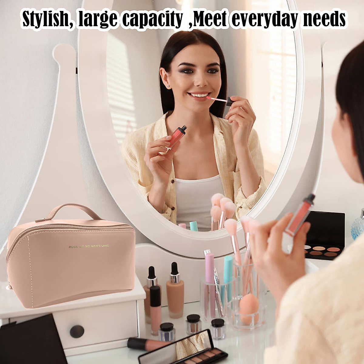 SLIFOUE Large Capacity Travel Cosmetic Bag,Makeup Bag,Waterproof Portable PU Leather Makeup Organizer Bag with Dividers and Handle (Pink)