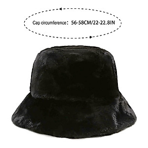 Winter Faux Fur Furry Black Bucket Hat Fluffy Fuzzy Warm Hat Plush Fisherman Hat for Women Teens Girls