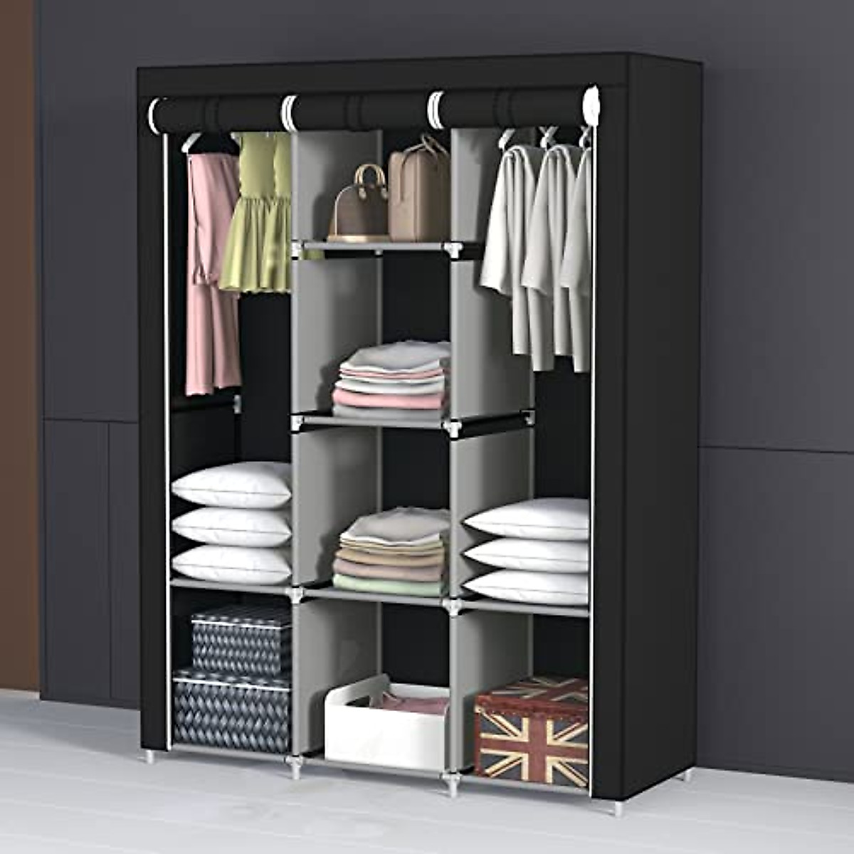 GHQME Fabric Wardrobe Portable Clothes Closet Storage Organizer with Compartments and Rods (Black Without Drawer, 49.2” x 17.3” x 63.8”)