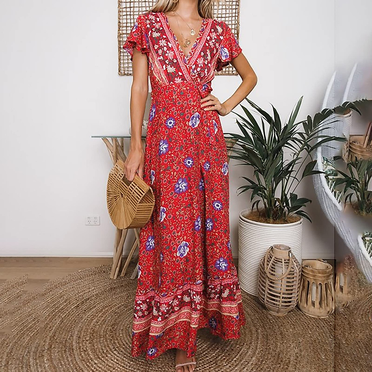 Casual Dresses for Women Midi Length Ladies Summer Casual V Neck Floral Print High Waist Belt Short Sleeve Hem Slit Wrap