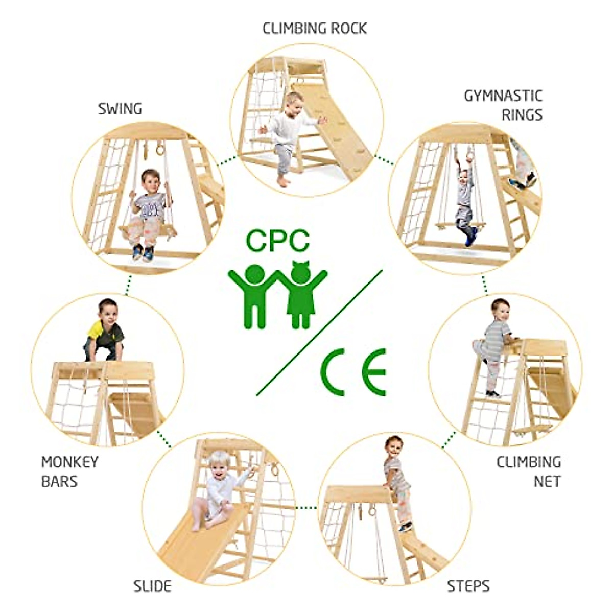 Climber,Indoor Playground Wood Playset 7-in-1 with Jungle Gym, Ramp, Slide, Swing, Swedish Ladder, Pine Wood, Rock Wall Dome for Kids Ages 1+