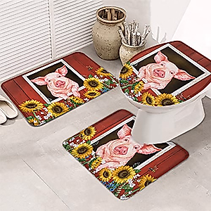 3 Pieces Bath Rugs Sets Farm Red Barn Pink Pig Yellow Sunflowers Soft Non-Slip Absorbent Toilet Seat Cover U-Shaped Toilet Mat for Bathroom Decor Cute Animals