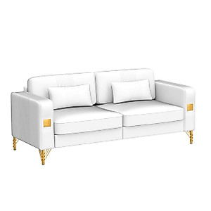 Betoko Velvet Upholstered Sofas Couches for Living Room Modern Contemporary Channel Tufted Beige 3 Seater Sofa Couch with Golden Metal Legs for Bedroom Office and Small Spaces (White)