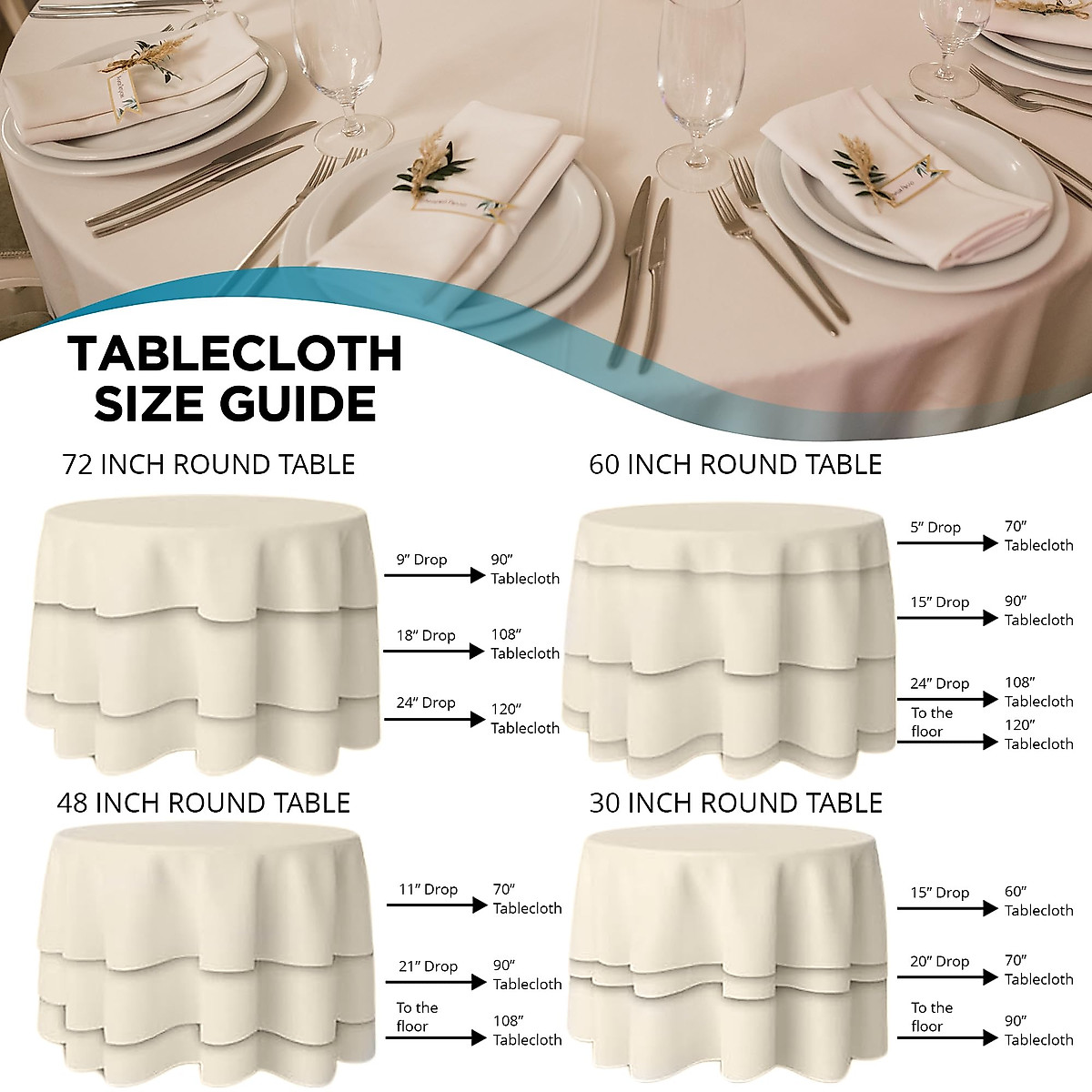 10-Pack 120-Inch Round Ivory Polyester Tablecloths – Machine Washable, Durable, Wrinkle-Resistant Linens for 8-Foot Tables – Ideal for Weddings, Banquets, Restaurants, Parties