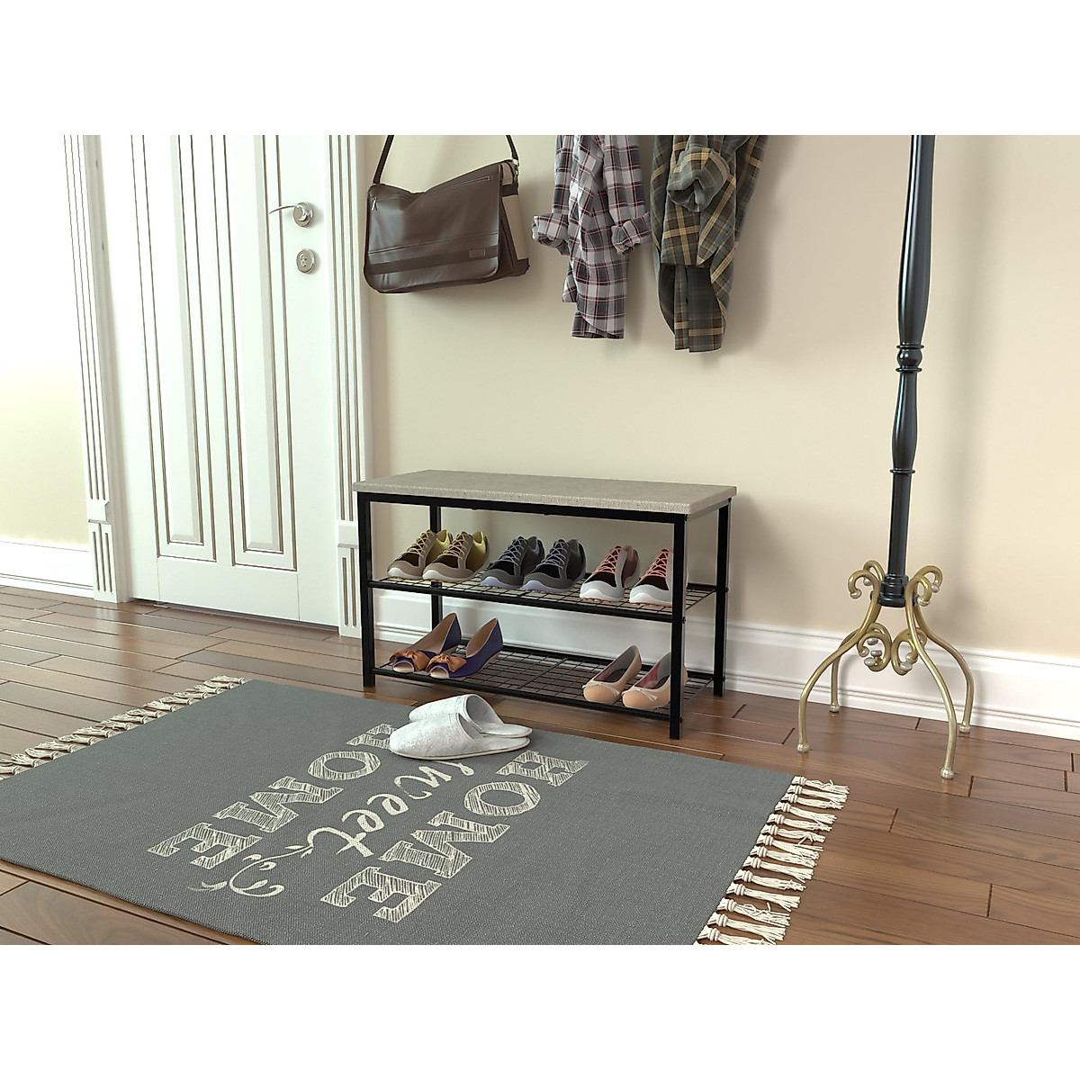 Rooflare Shoe Bench, 3 Tiers Shoe Rack for Entryway, Storage Organizer with Two Iron Shelf and top for Board, Shoe Shelf, Metal Steel Frame, Black, Durable