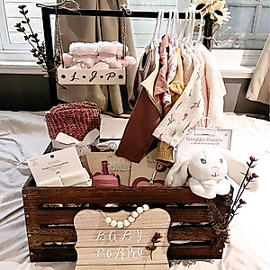 Baby Shower Crate Closet, Large Wooden Baby Basket with Handle, Baby Storage Crate Hamper, Baby Shower Gifts Crate, New Born Baby Gifts Basket for Boys Girls, Pregnancy Gifts for New Parents(Brown)