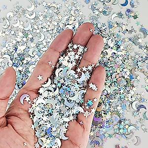 60 g/ 2.1 oz Holographic Star and Moon Table Confetti Iridescent Metallic Glitter Foil Confetti Sequin Star Moon Scatter for Halloween Birthday Wedding Festival Party DIY Decorations (3mm)