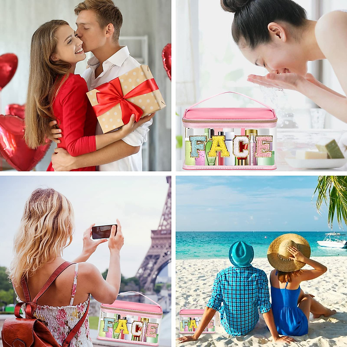 Iqimott Preppy Clear Makeup Cosmetic Bag for Women Travel, Nylon PVC Chenille Glitter Letter Toiletry Storage Tote Bag, Transparent Waterproof Organizer Zipper Pouch with Handle(Face, Pink)