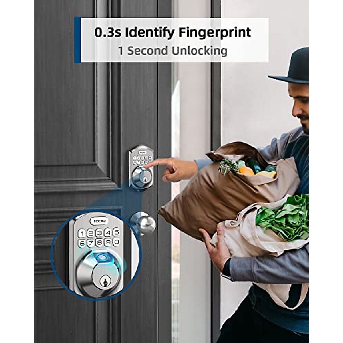 Fingerprint Door Lock Set - TEEHO Keyless Entry Door Lock with Handle - Door Knob with Keypad Deadbolt - Smart Locks for Front Door - Auto Lock - No Need App - Easy Installation - Satin Nickel
