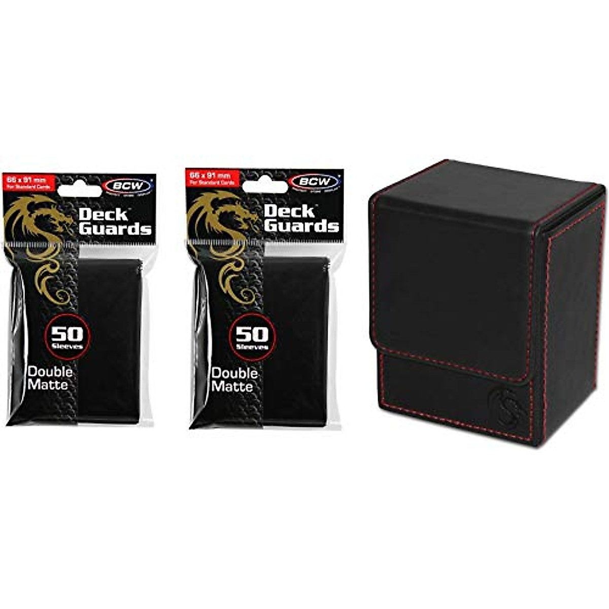 COMBO- BCW Black Deluxe Leatherette Deck Case plus 2 50ct Pks (100) of BLACK Double Matte Deck Guard Sleeves for Collectable Gaming Cards like Magic The Gathering MTG, Pokemon, YU-GI-OH!, & More. Embossed Dragon Graphic, BOX.