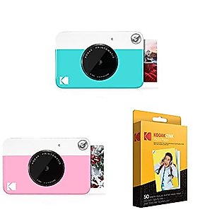 Kodak Printomatic Digital Instant Print Camera (Blue) Print Memories Instantly & Printomatic Digital Instant Print Camera (Pink) & 2"x3" Premium Zink Photo Paper (50 Sheets) (Pack of 1)