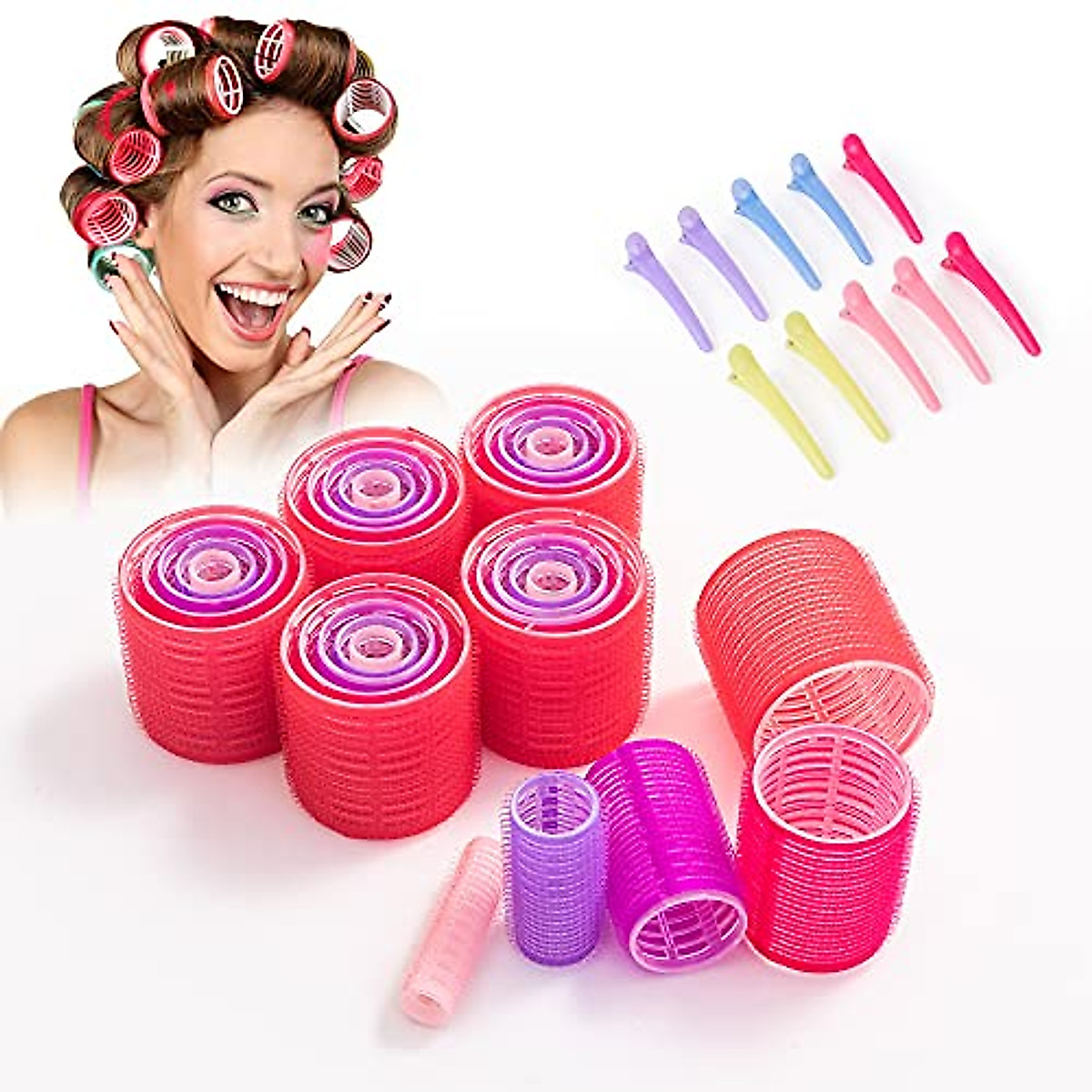 Hyoujin Hair Rollers Curlers,40pcs Heatless Velcro Rollers for Long Short Hair,30 Rollers With 10 Clips Jumbo Large Medium Small Sizes（57mm,45mm,33mm,23mm,13mm)to Sleep in for Women Hair Bangs Volume