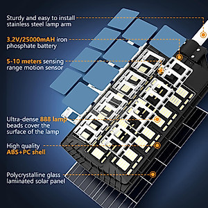 PATIOPIA 5500W Solar Street Lights Outdoor, 888 LEDs 6500K Solar Parking Lot Lights Dusk to Dawn, IP67 Waterproof Solar Motion Sensor Lights Suitable for Commercial Street,Yard, Garden, Parking Lot