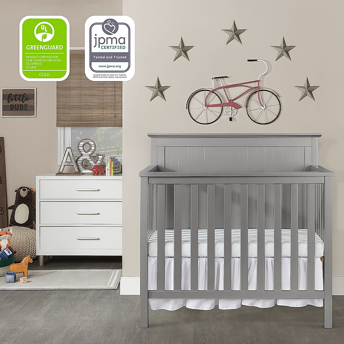 Dream On Me Ava 4-in-1 Convertible Mini Crib in Steel Grey, Greenguard Gold Certified, Non-Toxic Finish, Comes with 1" Mattress Pad, with 3 Mattress Height Settings