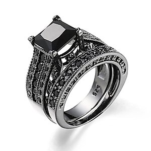 Cute Trendy Jewelry Engagement Black 2-in-1 Silver Womens Wedding Vintage Band Diamond Set Ring Rings Silver Love Ring (Black, One Size)