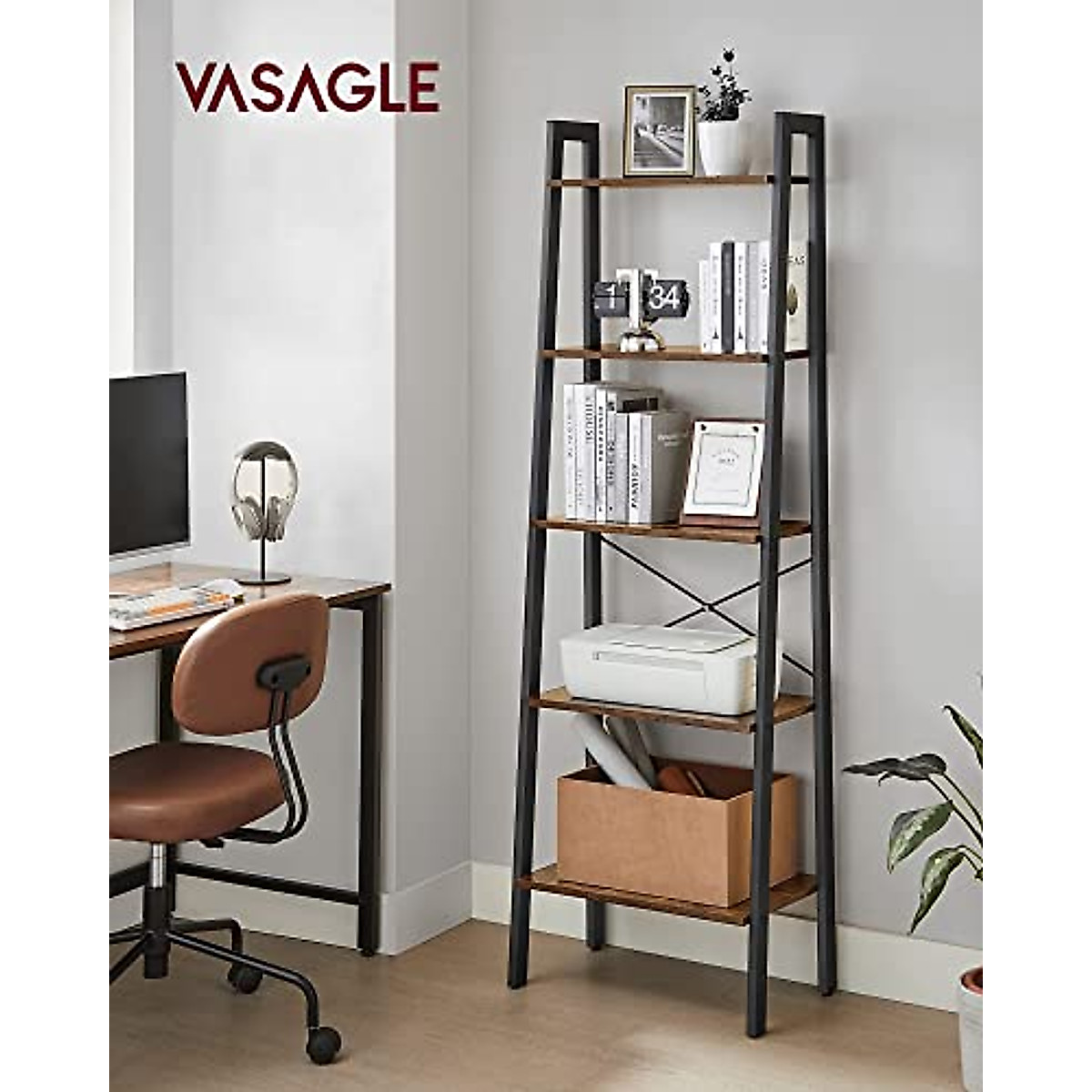 VASAGLE ALINRU 5-Tier Bookshelf, Industrial Bookcase and Storage Rack, Wood Look Accent Furniture with Metal Frame, 22.1 x 13.3 x 67.7 Inches, Rustic Brown