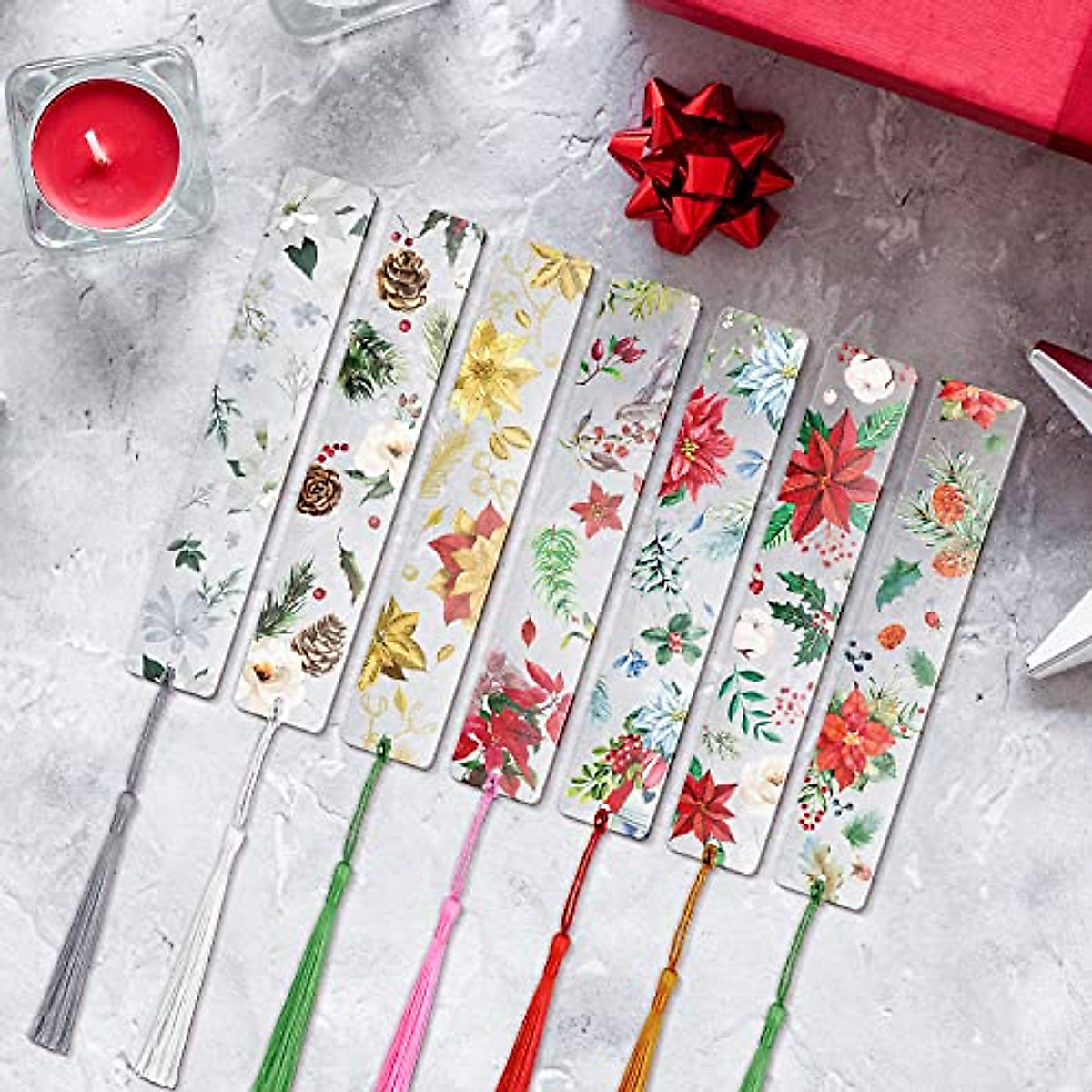 8 Pcs Christmas Flower Acrylic Bookmarks Transparent Acrylic Bookmarks with Colorful Tassels Christmas Red Birds Poinsettia Pine Cones Book Marks for Women Girls Teachers Kids Students