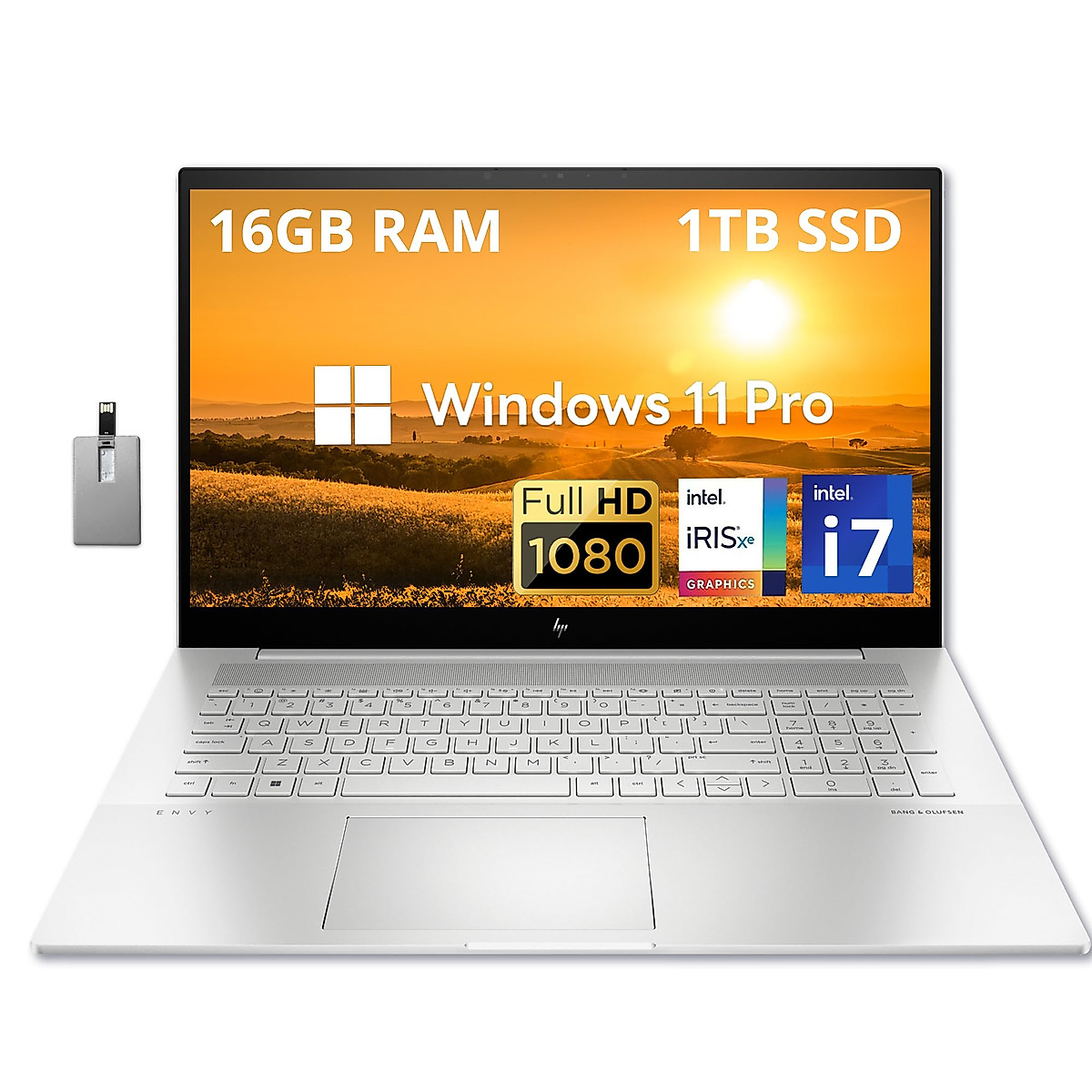 HP Envy 17.3” FHD (1920 x 1080) Laptop, Intel Core i7-1260P, 16GB RAM, 1TB PCIe SSD, Band & Olufsen Audio, HD Webcam, Wi-Fi 6E, Bluetooth, Silver, Windows 11 Pro, 32GB Hotface USB Card (Renewed)