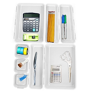 HOME-X Connecting Organizer Trays, Set of Interlocking Adjustable Trays for Organizing Office Supplies and Kitchen Utensil Drawers, Set of 8, 3 Sizes, White