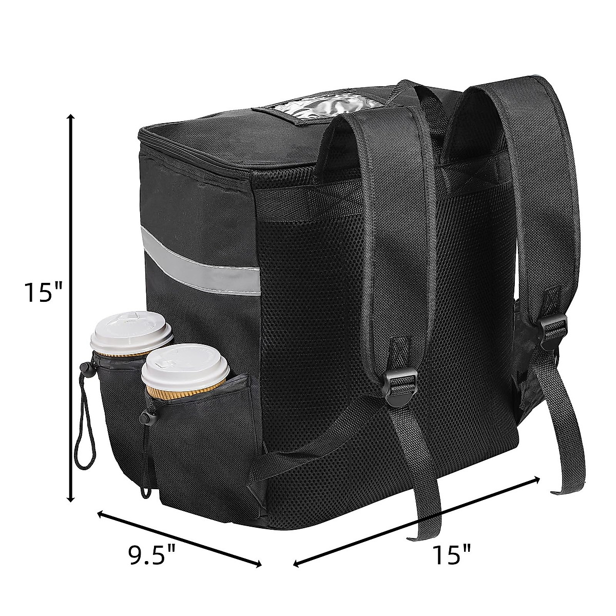 Acshio Food Delivery Backpack, Insulated Reusable Pizza Delivery Bag with 4 Cup Holder, Waterproof Thermal Catering Bags Reflective Strip for Delivery Bike, Hot Cold Food, Camping