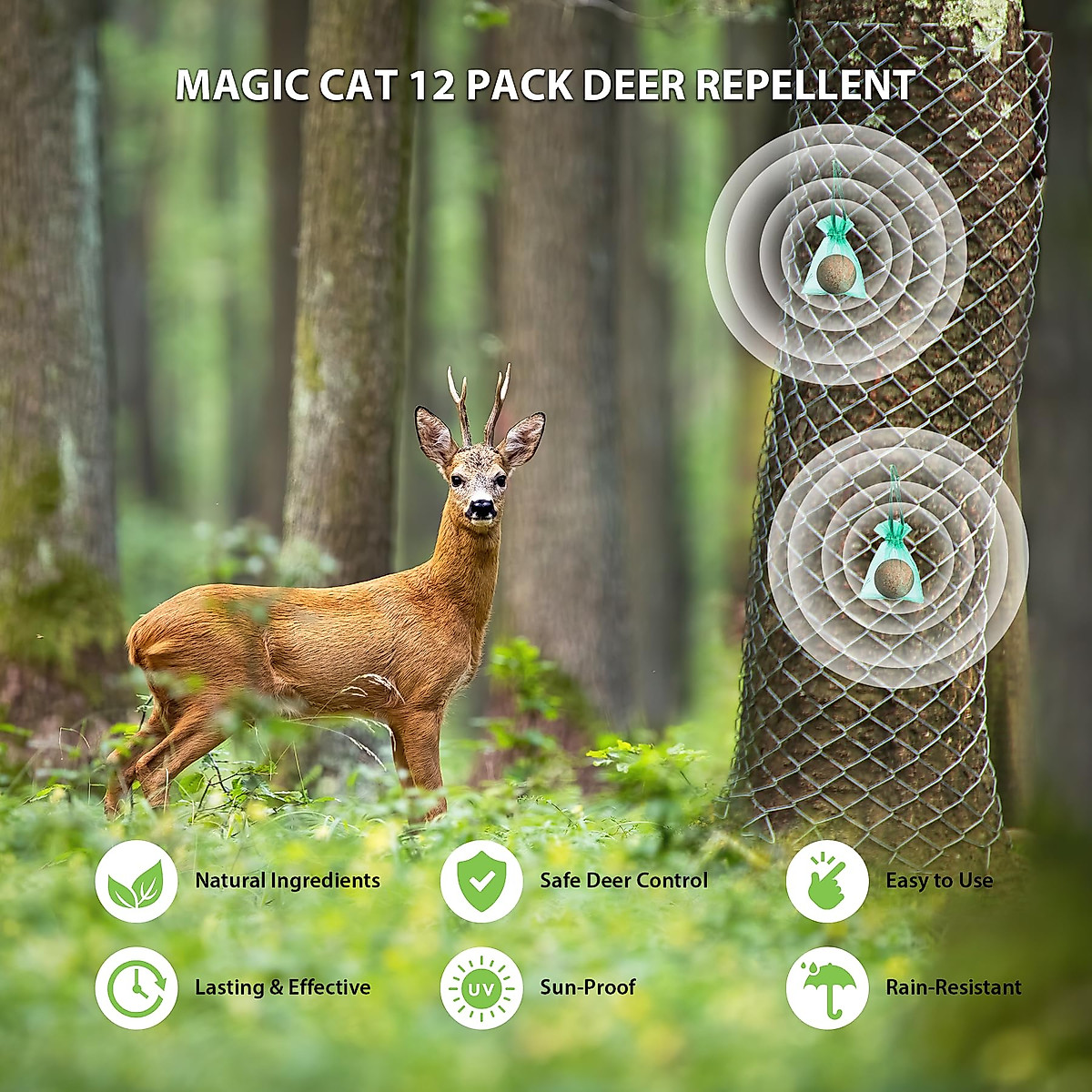 MAGIC CAT Deer Repellent Outdoor, 12 Pack Natural Peppermint Oil Deer and Rabbit Away Repellent for Plants Pet Family Safe, Deer Deterrent for Garden Yard Lawn Tree Protection