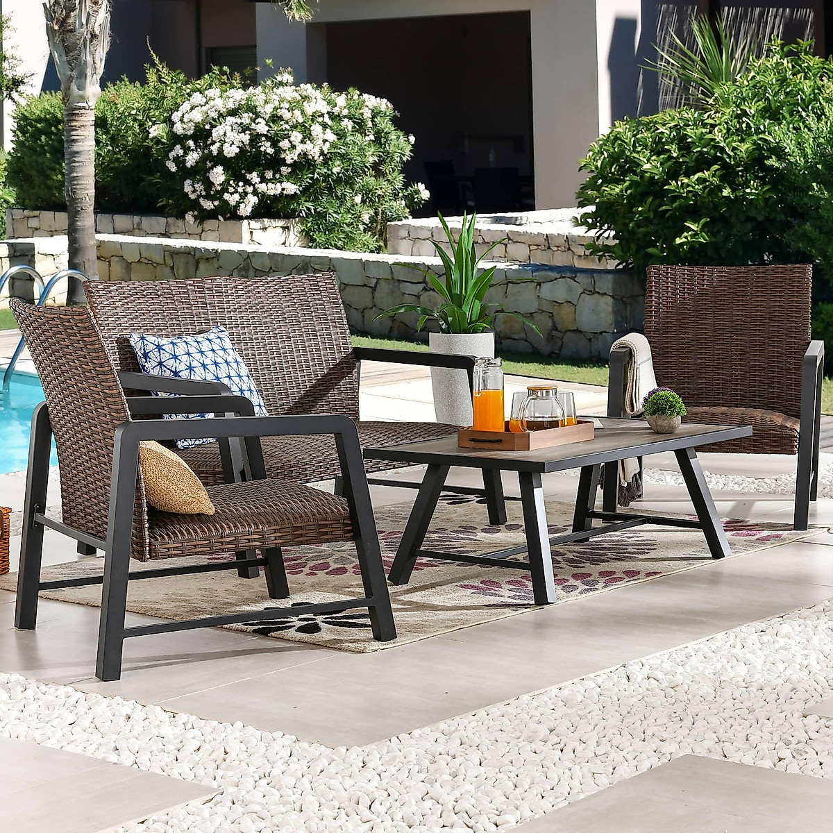 PatioFestival Patio Conversation Set 4Pcs Wicker Outdoor Furniture Sets with Quick-Drying Internal Cushion All Weather Frame